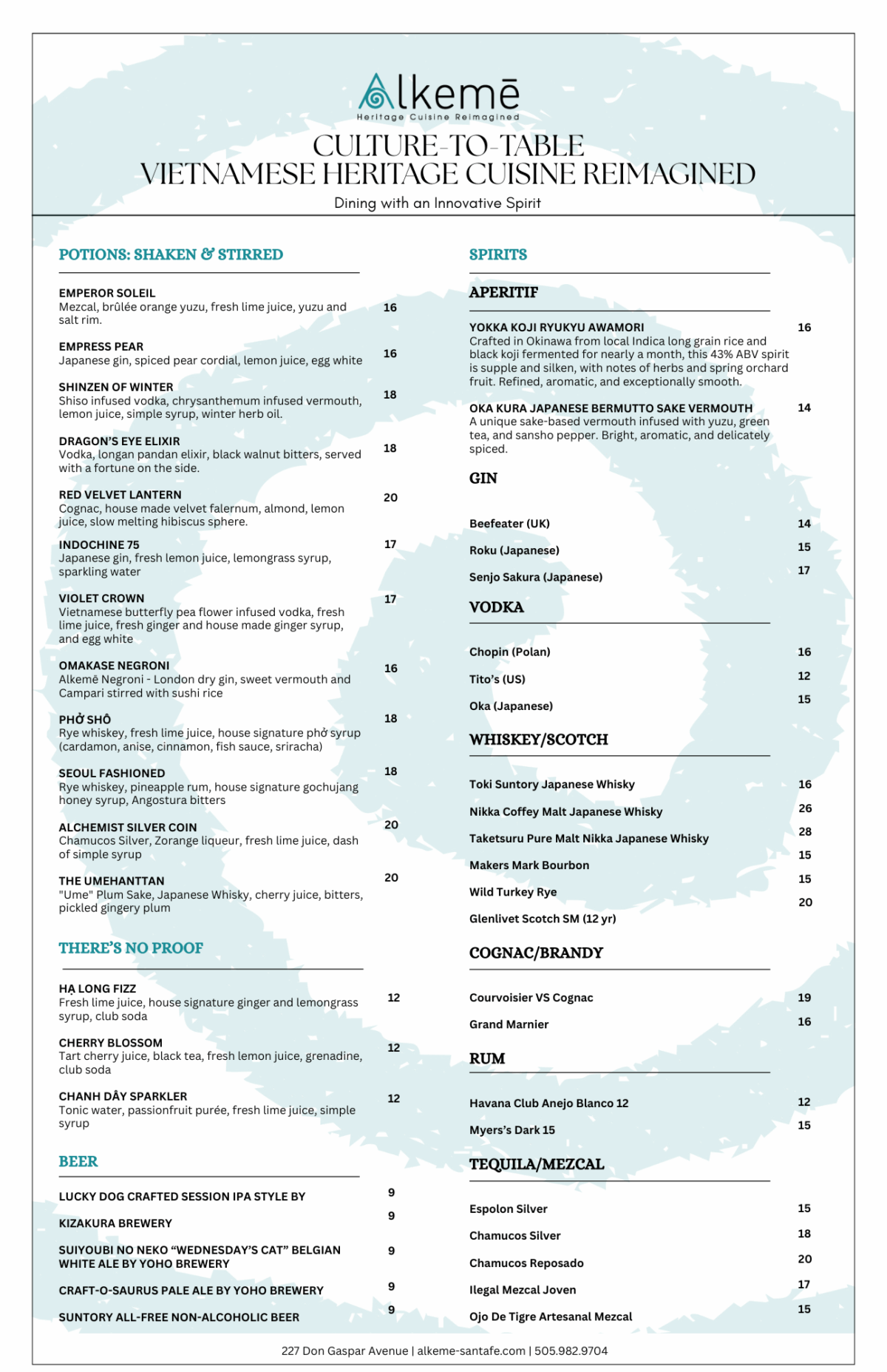 Menu at Alkeme SantaFe