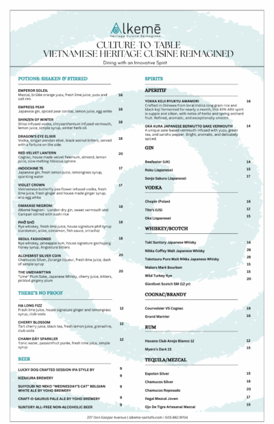 Menu at Alkeme SantaFe