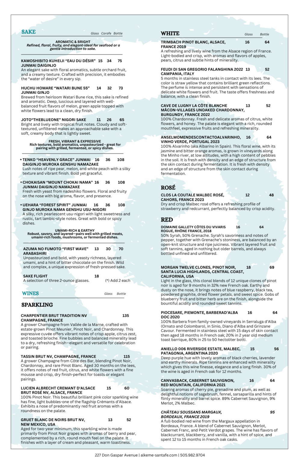 Menu at Alkeme SantaFe